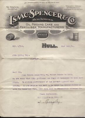 1913 HULL, ISAAC SPENCER & CO OIL FEEDING CAKE MANUFACTURERS, ILLUSTd ...