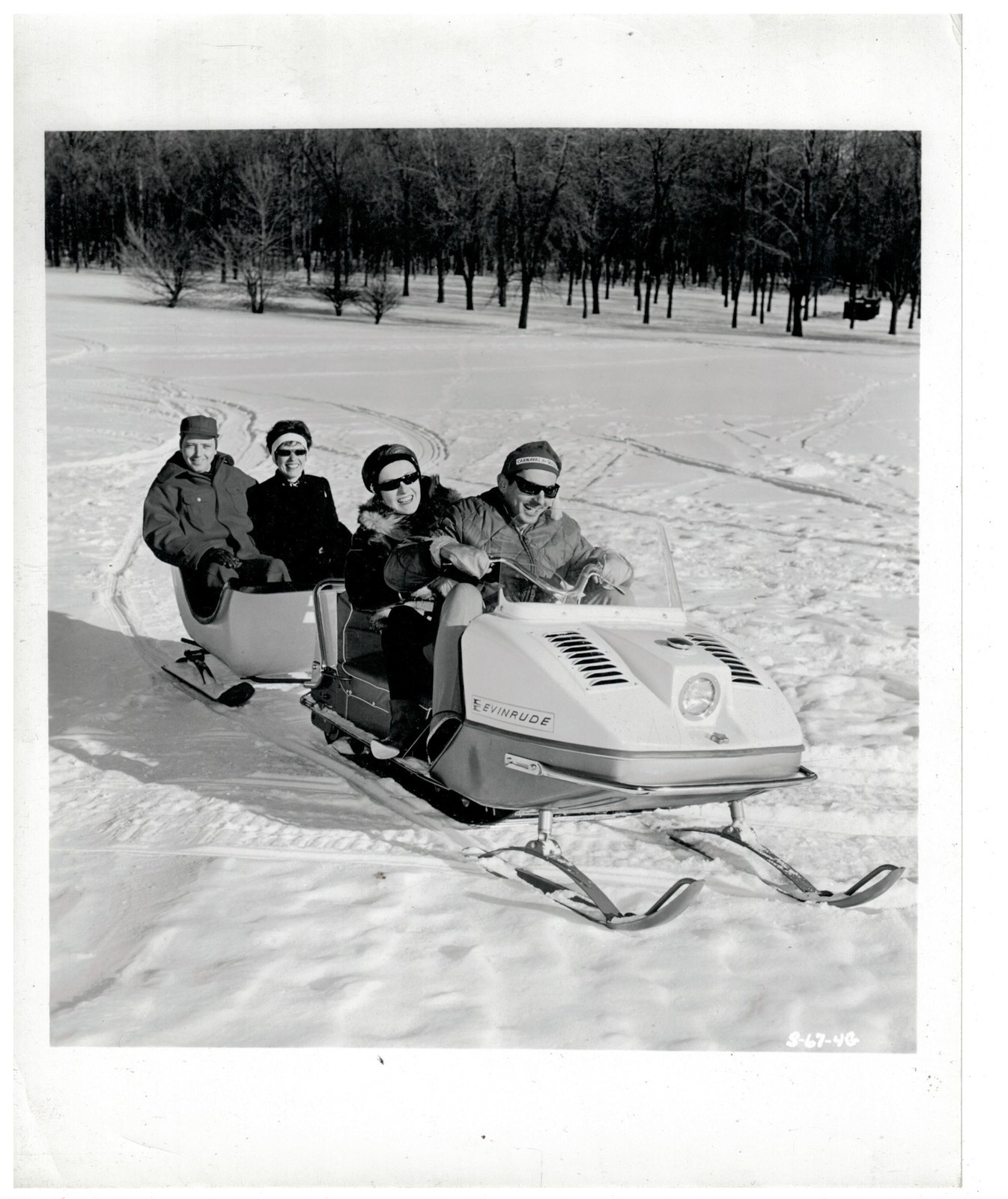 1960s Vintage B&W Publicity Photo Evinrude Skeeter Snowmobile with cart ...