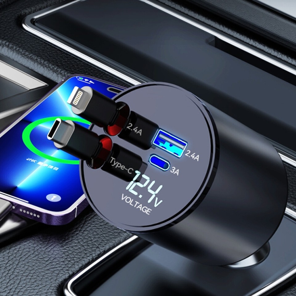 100W 4-in-1 Car Charger Mobile Phone Fast Charg w/Retractable Cable ...