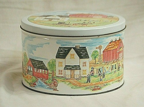 Vintage Figis Metal Tin Can w Lid Amish Family Country Farm Red Barn ...