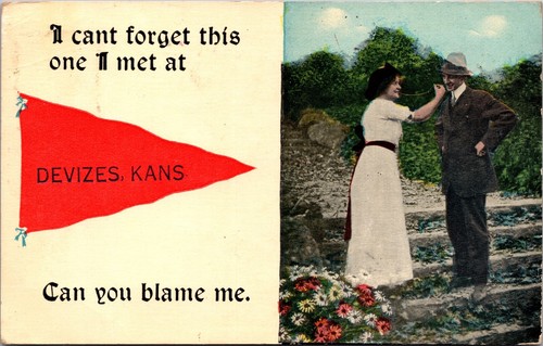 Advertising Postcard Pennant Flag Man and Woman Lovers Devizes, Kansas ...