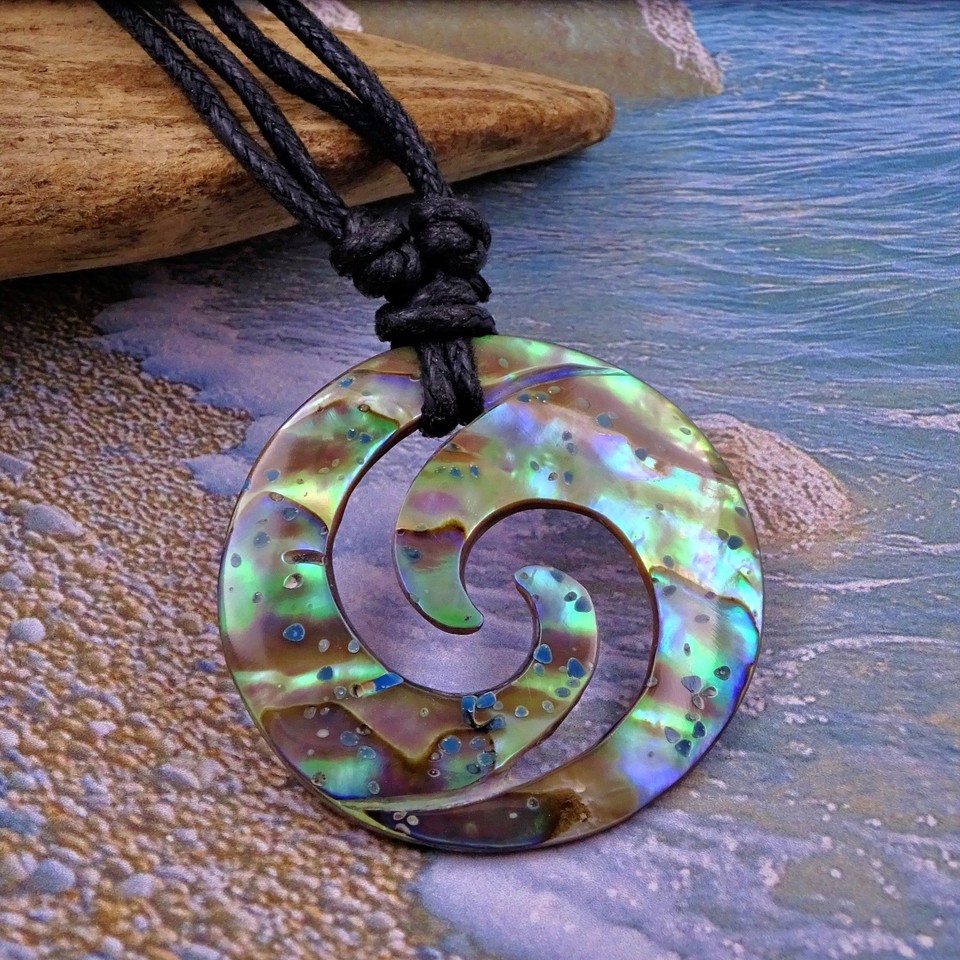 NZ Paua Shell Koru Pendant Necklace (PU-158) Beautiful Color Beach ...