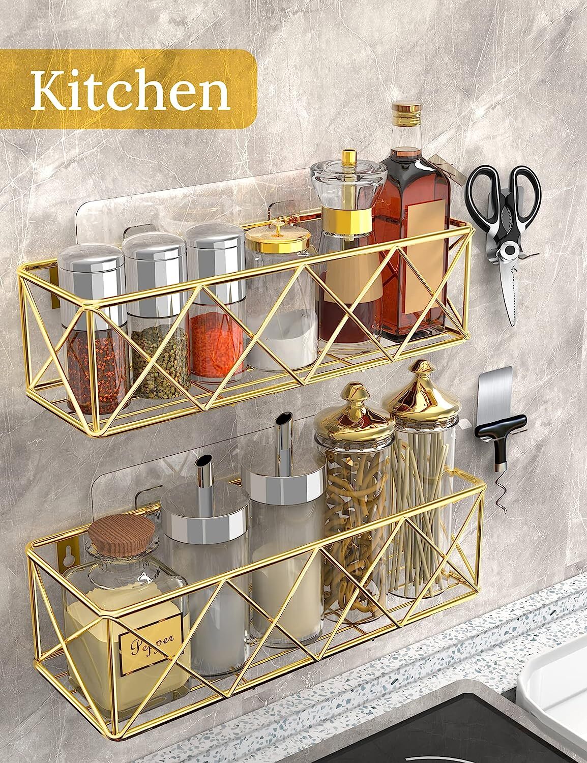 Shower Caddy Gold, 2 Pack Shower Shelves Strong Adhesive Bathroom ...