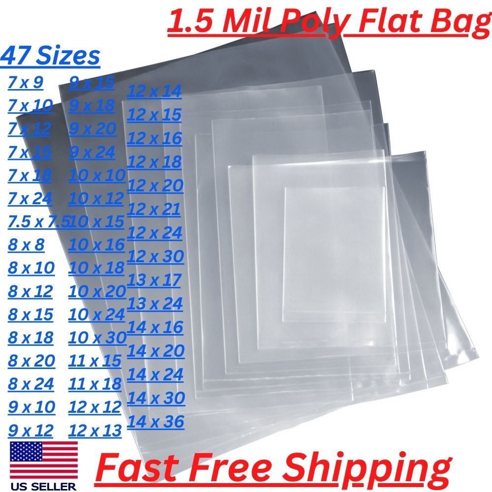 Multiple Sizes Clear Poly Bags 1.5Mil Flat Open Top Plastic Packaging ...