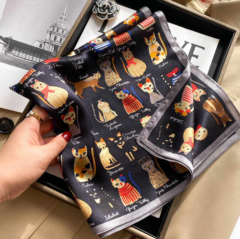 100% Mulberry Silk 20 "Square Scarf Women Neckerchief Wrap Cartoon Cat ...