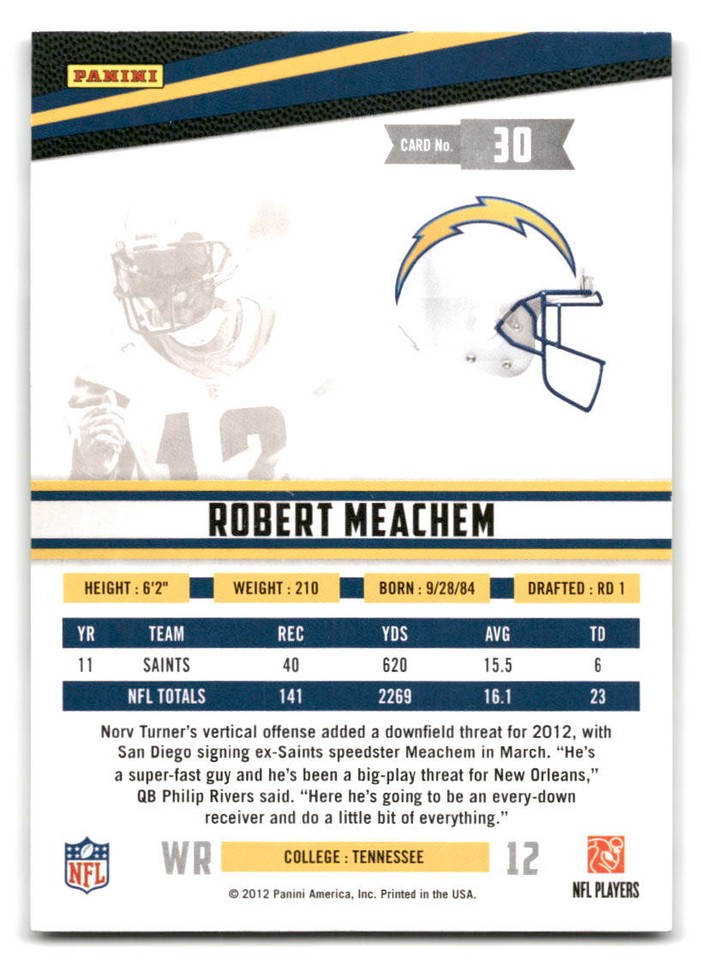 Robert Meachem 2012 Panini Rookies & Stars #30 San Diego Chargers ...