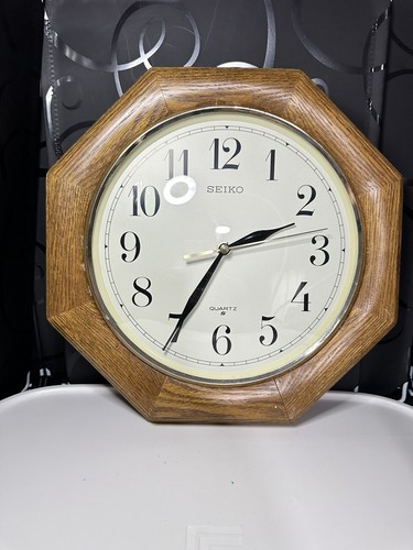 Seiko Quartz Octagonal Solid Oak Wall Analog Clock 12'' Battery Powered ...