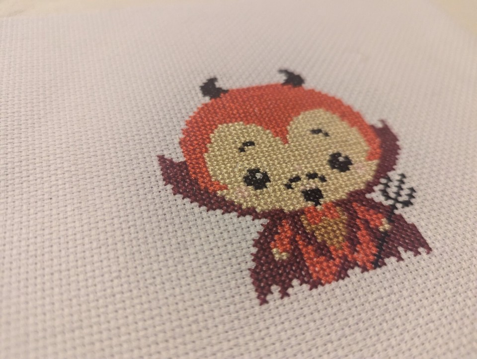 Devil cross stitch, completed, fiber art, wall decor, halloween, spooky ...