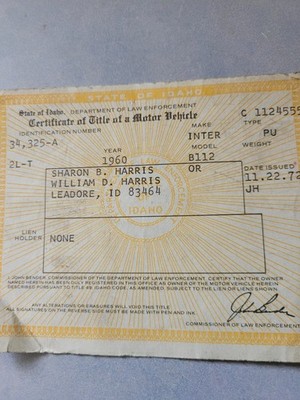 Vintage Historical Idaho Title Document 1960 International B-112 pickup | eBay