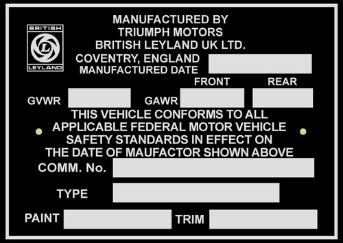 Triumph British Leyland Motors Vehicle Identification Number Plate Tag ...