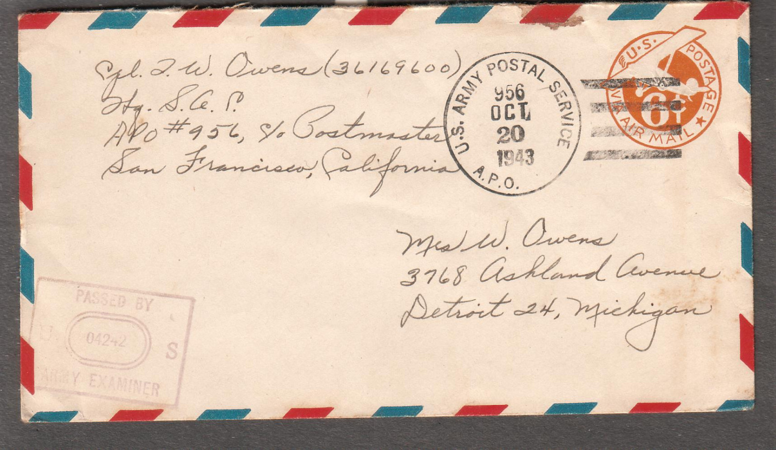 Oct 20 1943 WWII censor cover Cpl T W Owens HQ S.A.C. APO 956 Fort ...