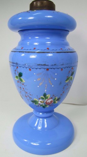 Antique Blue Glass Lamp Hand Painted Flowers Removable Insert ...