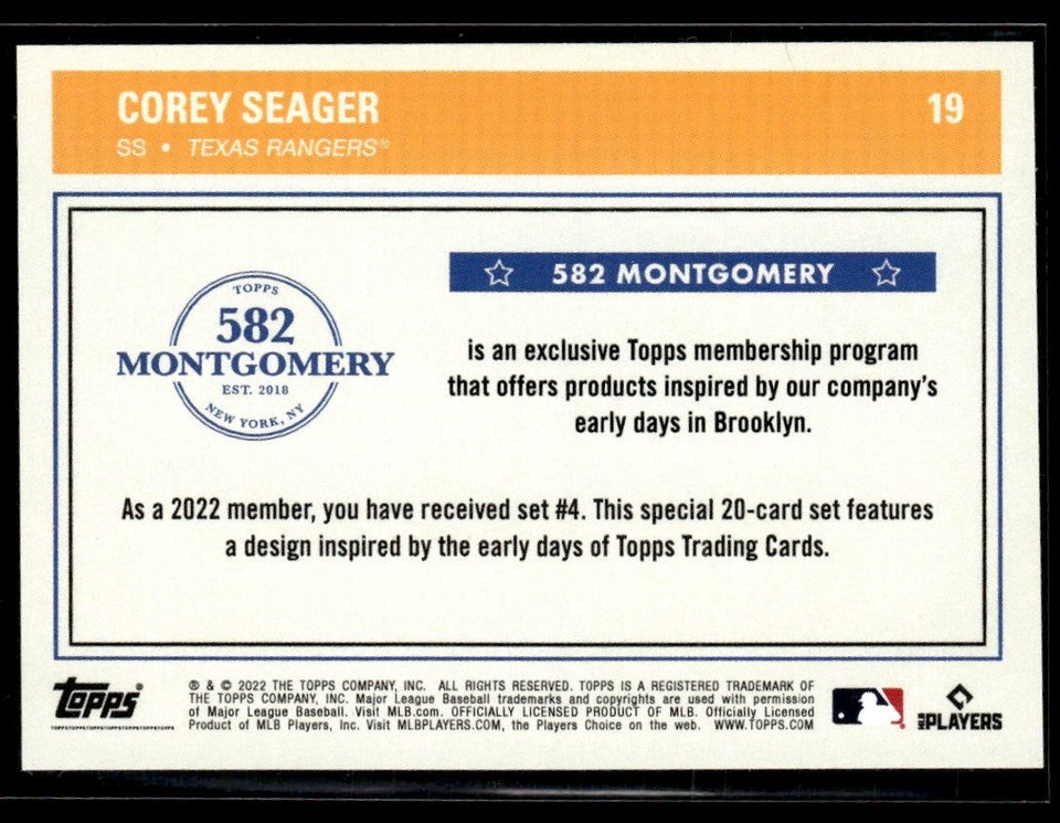 2022 Topps 582 Montgomery Club Set 4 #19 Corey Seager Baseball Card ...