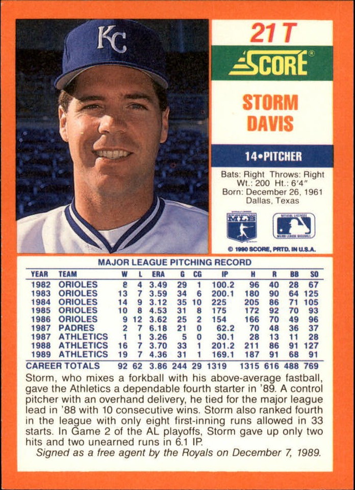 1990 Score Rookie/Traded #21T Storm Davis | eBay