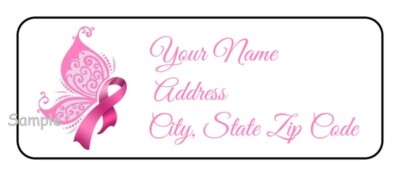 30 Pink Breast Cancer Ribbon return address labels stickers butterfly ...