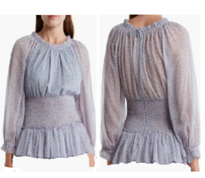 French Connection Smocked Long Sleeve blue chiffon peplum blouse sz 10 ...