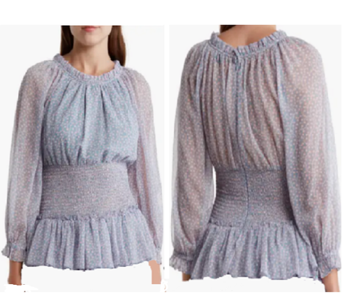 French Connection Smocked Long Sleeve blue chiffon peplum blouse sz 10 ...