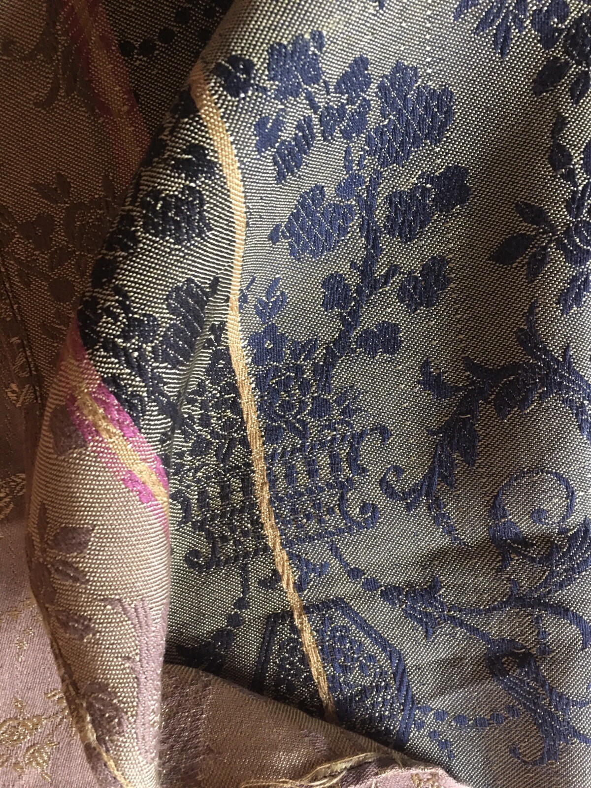 Antique 1930 Rayon Damask Fabric Curtain Panel ~ Midnight Blue Black ...