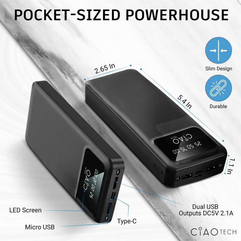 CIAO TECH Portable Charger Power Bank - 20000 mAh Portable Charger USB ...