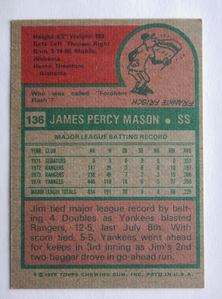 Jim Mason #136 Topps 1975 Baseball Card (New York Yankees) VG | eBay