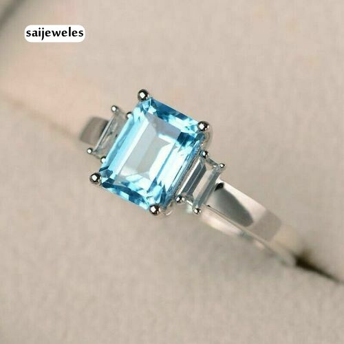 3CT Emerald Cut Real Blue Topaz Engagement Wedding Ring 14K White Gold ...