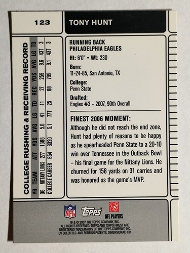 2007 Finest #123 Tony Hunt RC | eBay