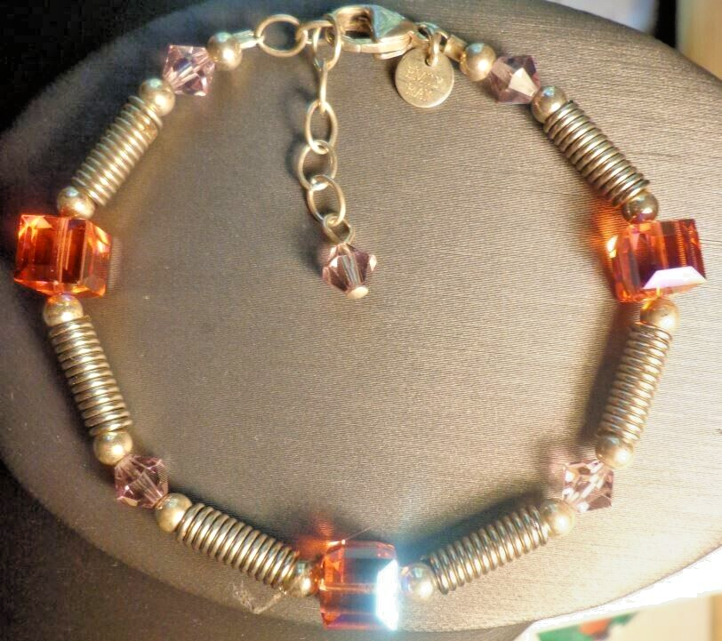 Emily Ray (Signed) 925 Silver Bar Bell &Swarovski Pink Crystal Cubes 8 ...