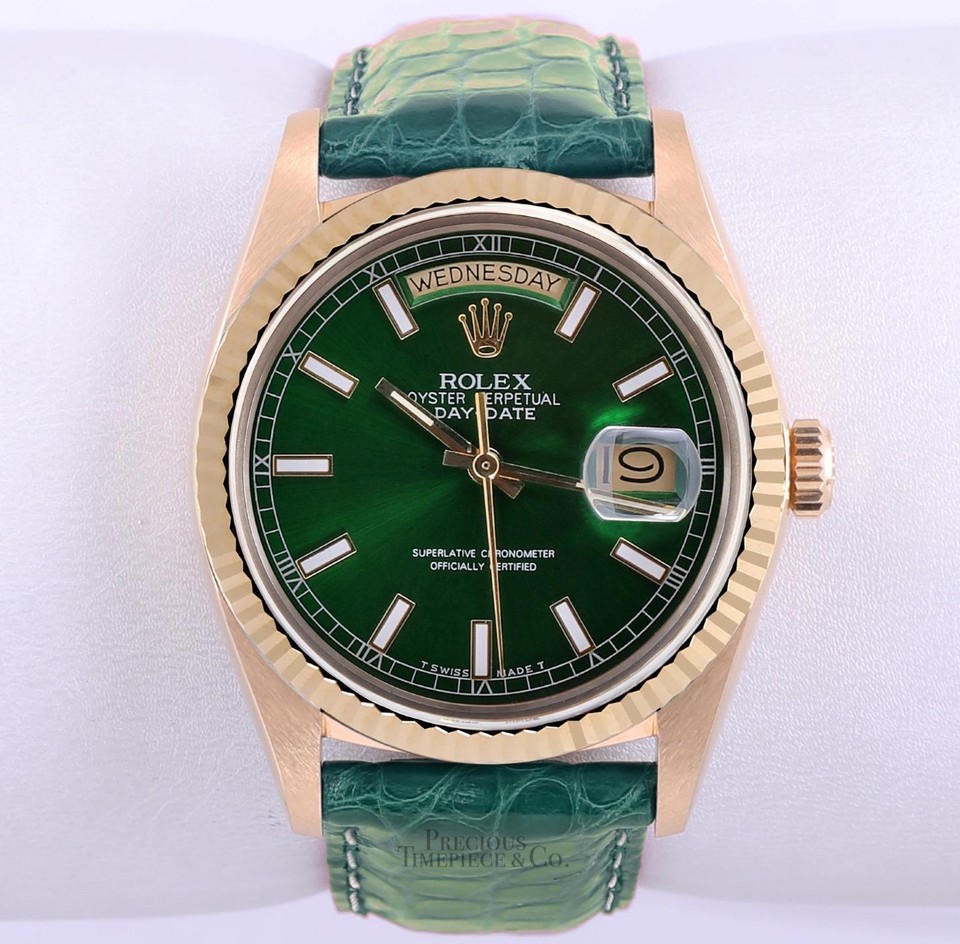 Rolex Day-Date 36mm President 18k Gold 18038-Green Stick Dial-Green ...