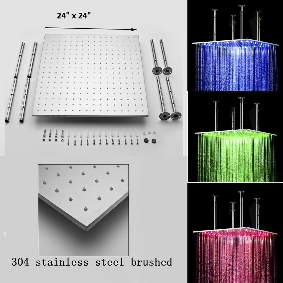 LED Rainfall Large Shower Head High Pressure Ceiling Mounted Overhead ...