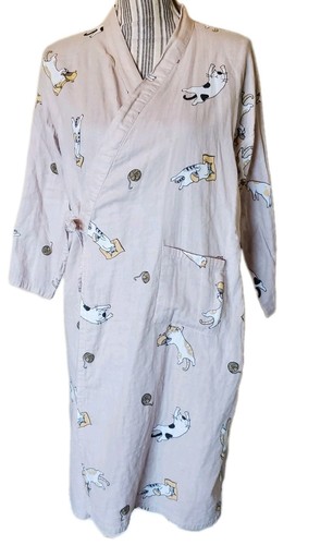 100% Cotton Cat Printed Kimono Bath Robe Night Gown Kimono Robe Beige ...
