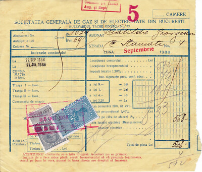 Romania, 1938, Bucharest Gas & Electricity Company, Bill / Receipt ...