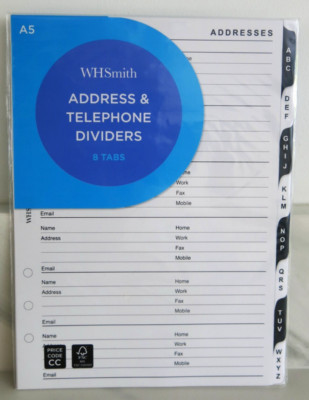 WH Smith A5 Address & Telephone Dividers - 8 Tabs For Filofax & Address ...