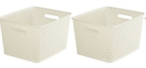 2x Curver Nestable Rattan Basket Large Storage Plastic Wicker Tray 18L ...