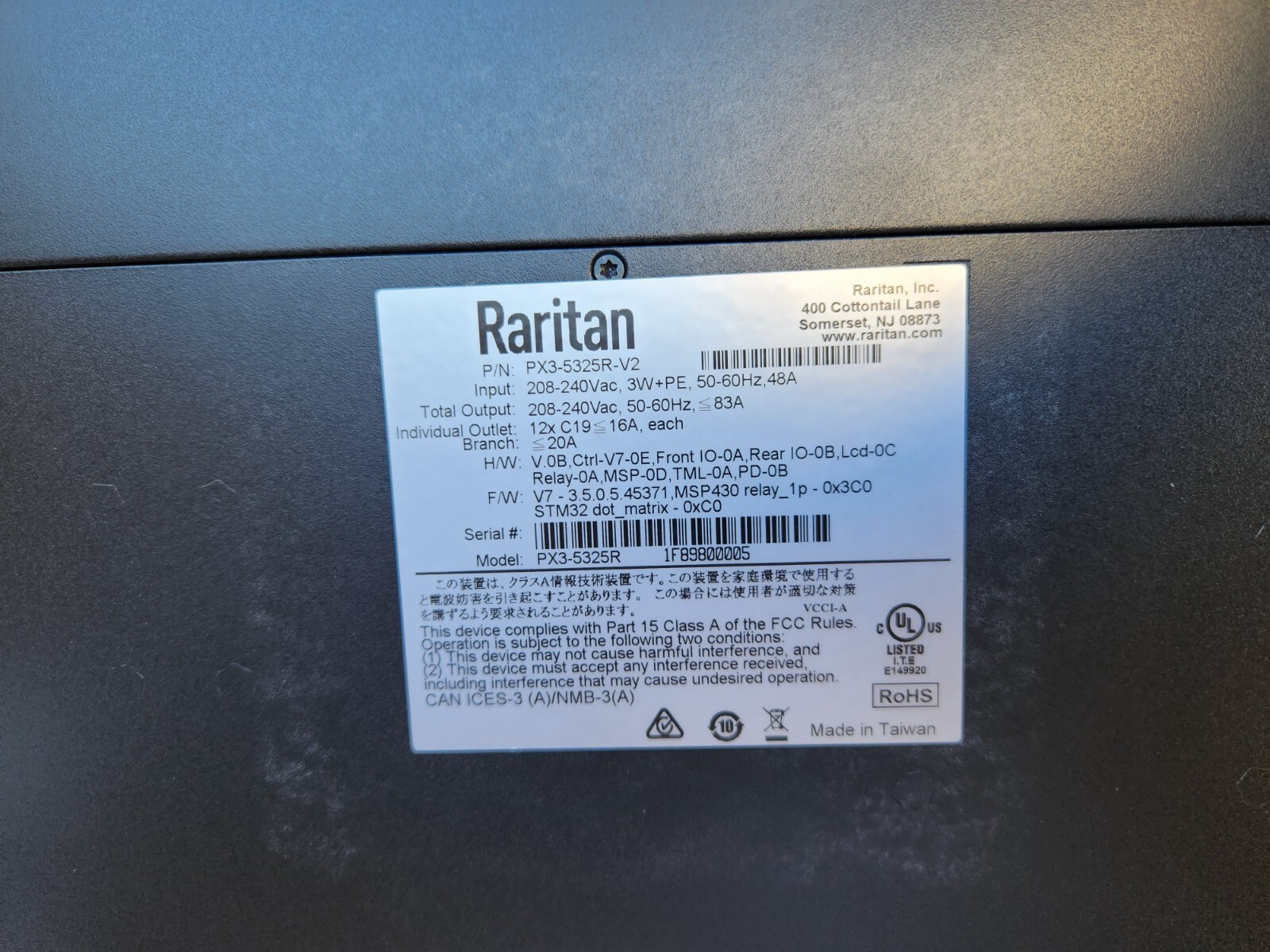 Raritan PX3-5325R-V2 12-Outlet PDU - Metered/Monitored/Switched - IEC ...