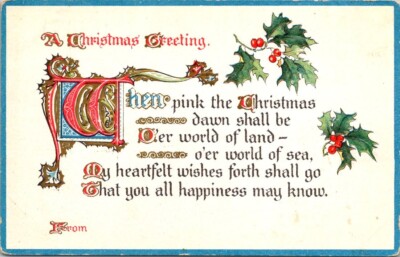Vintage postcard- A CHRISTMAS GREETING poem and holly berries embossed ...