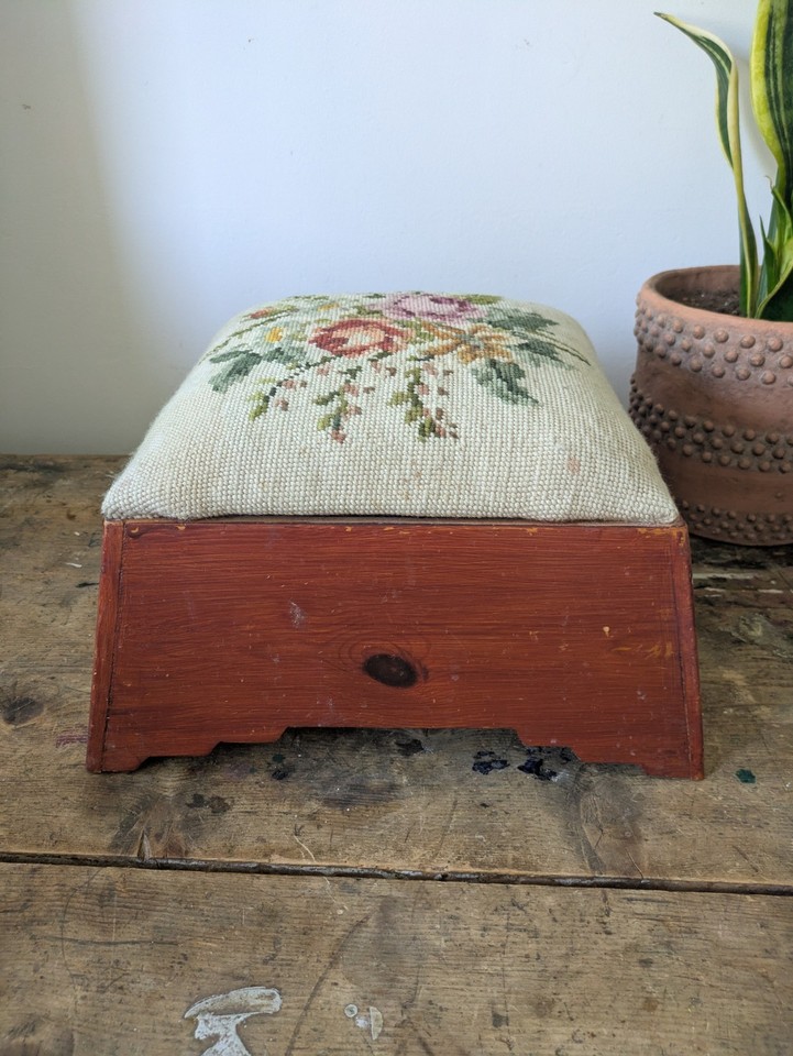 Vintage Tapestry Floral Stool Pine Base Rose Tapestry Top Footstool ...