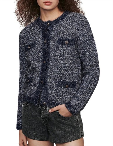 Maje Mission Cardigan Navy Gold Button Tweed Military Jacket Jumper ...