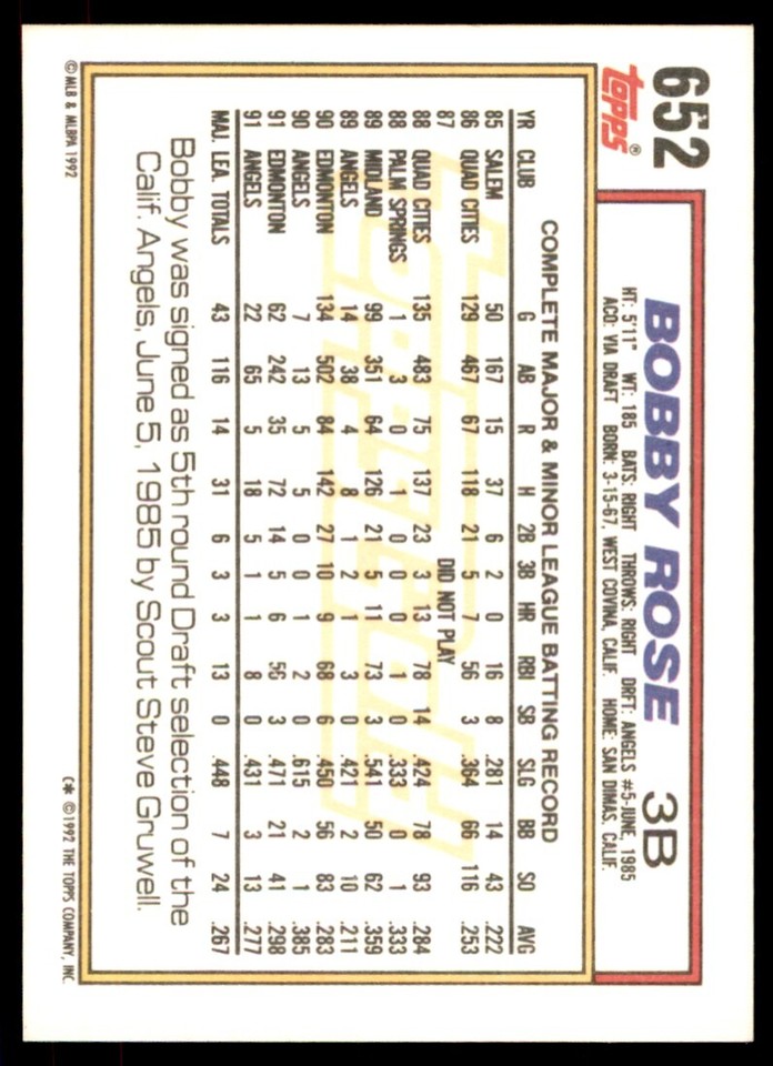 1992 Topps Gold Winners Bobby Rose . California Angels #652 | eBay