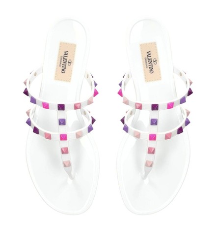 NWT $450 VALENTINO GARAVANI White Rockstud Flat Sandals Multicolor 40 ...