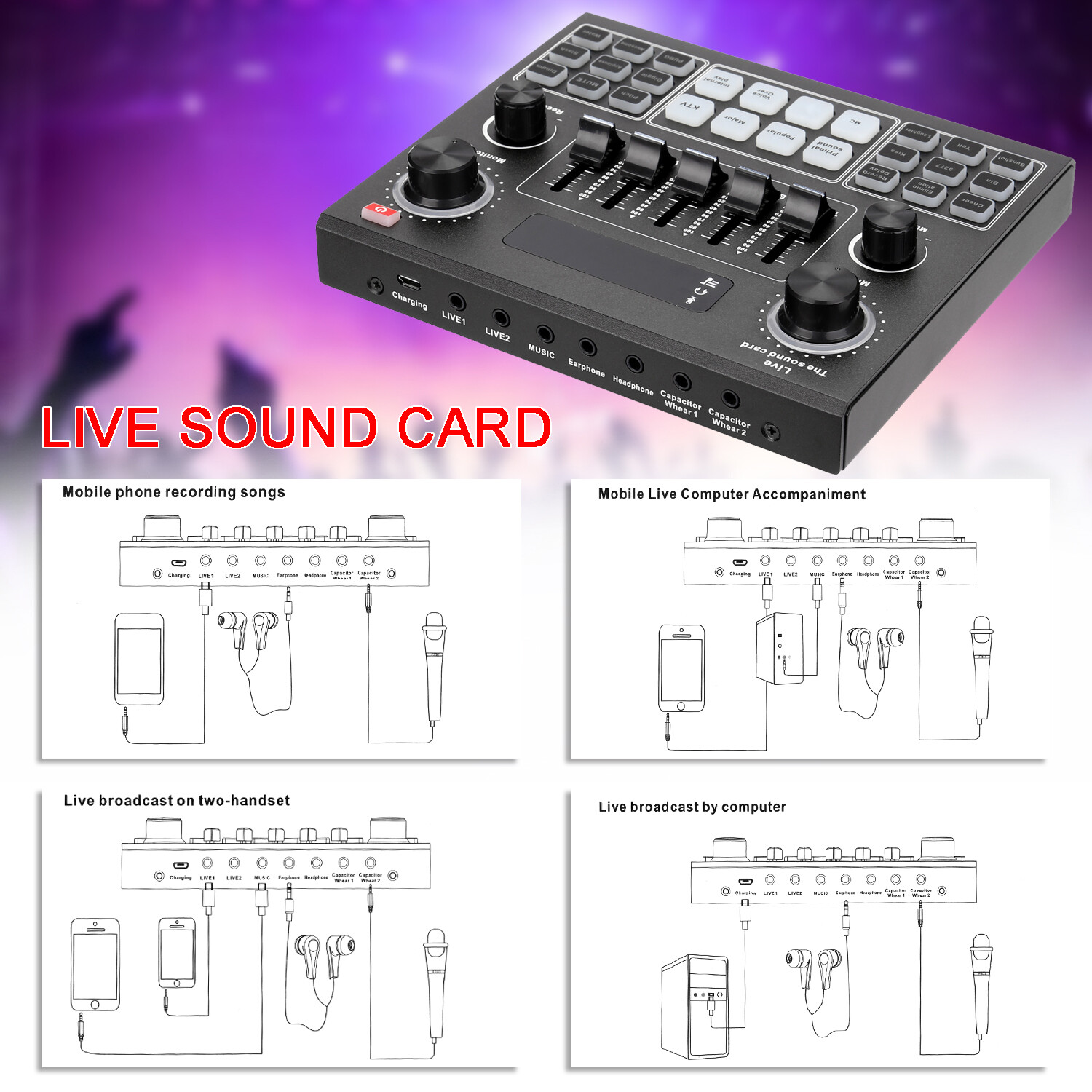 V9 BT Webcast Audio Mixer USB Headset Microphone Broadcast Live Sound ...