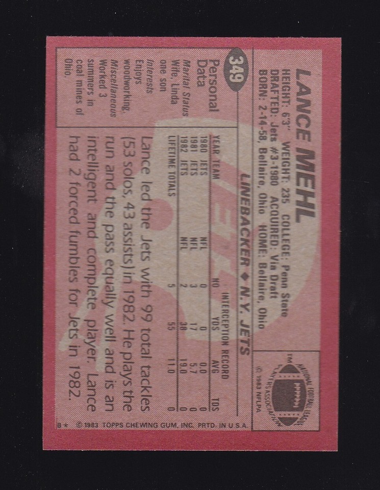 1983 Topps Lance Mehl #349 New York Jets | eBay