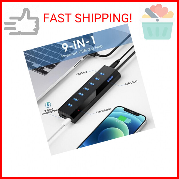 Powered USB Hub 3.0, BYEASY 9-Port USB Hub with 7 USB 3.0 Ports, 18W PD ...