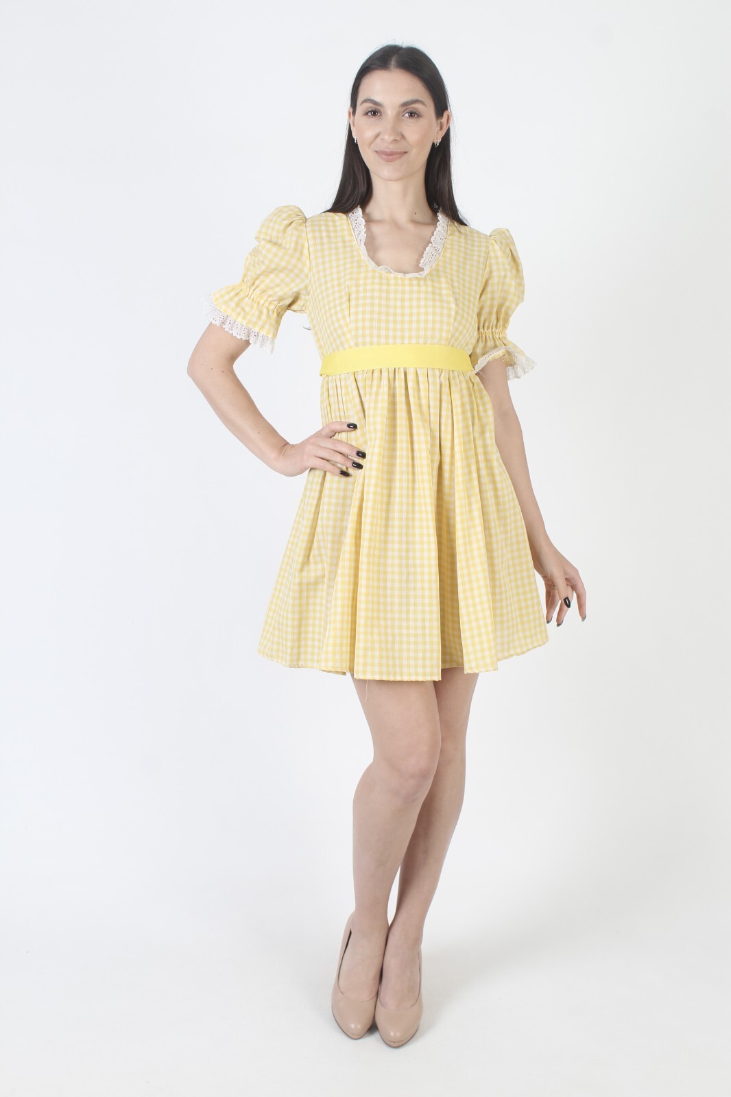 Vtg Summer Gingham Plaid Micro Mini Dress Puff Slv Bo… - Gem