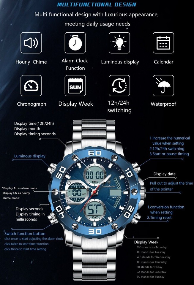 Mens LED Electronic Watch Luminous Quartz Watches Date Chronograph ...