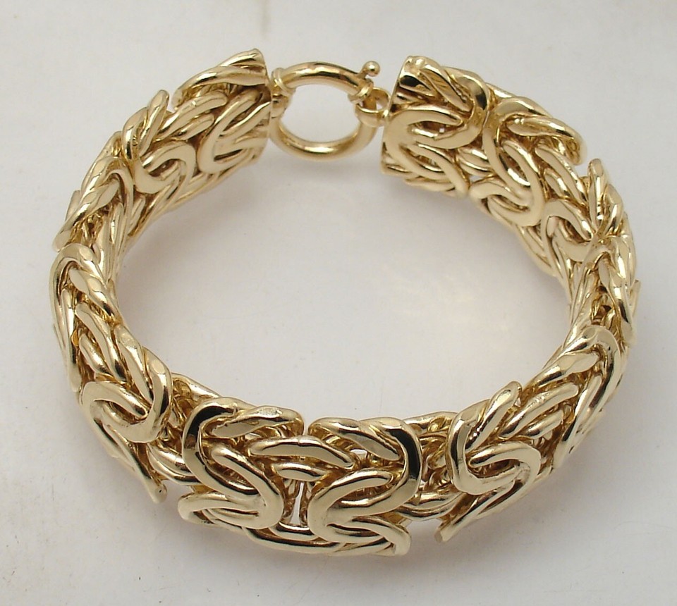 9" Bold Mirror Byzantine Bracelet Spring Ring Lock Real 14K Yellow Gold ...