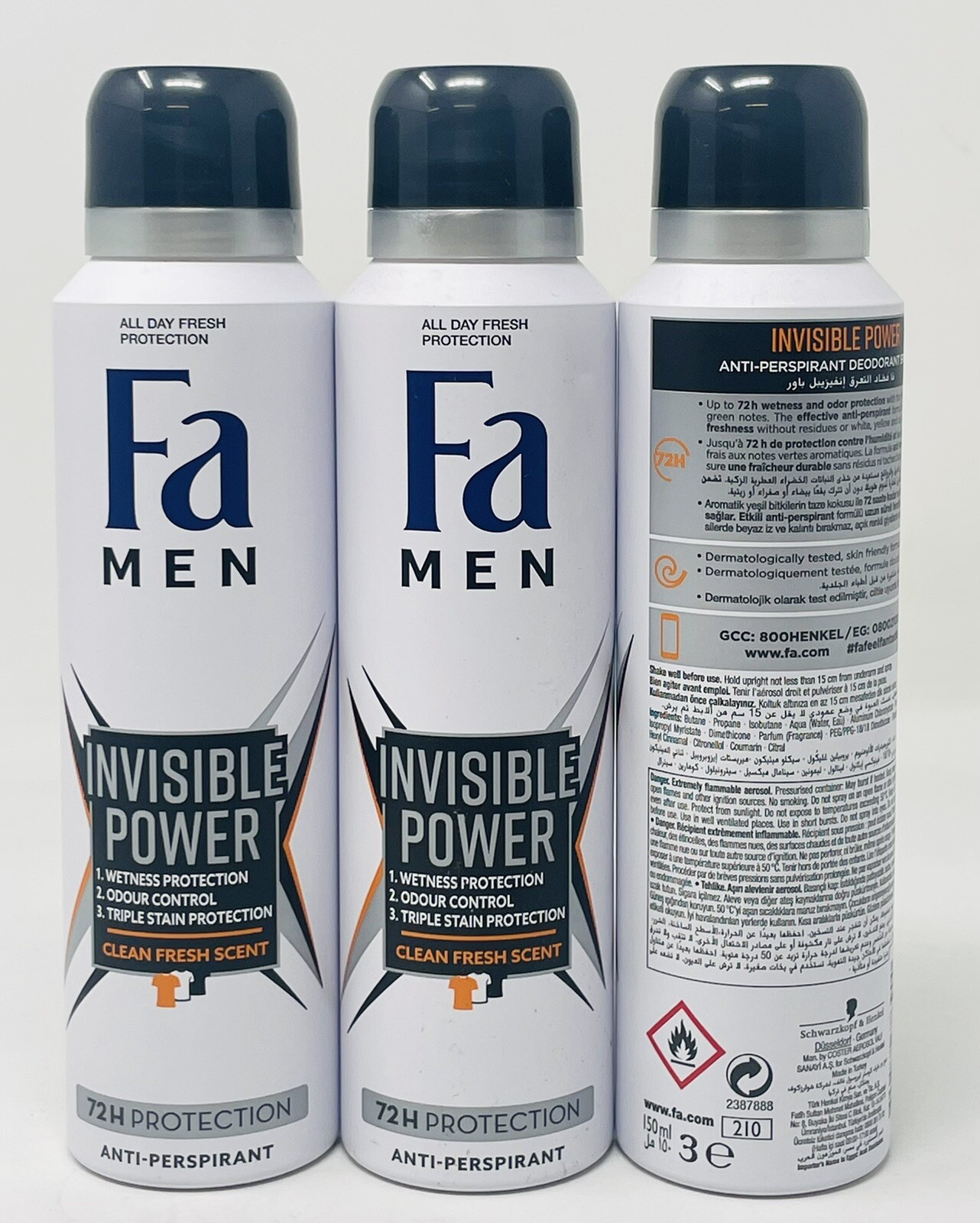 FA MEN INVISIBLE POWER DEODORANT SPRAY 3x Packs 72 H PROTECTION 150 ML ...