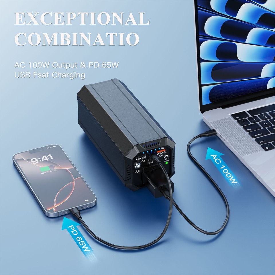 Portable Power Bank 100W AC Outlet, 98Wh/27000mAh with 65W PD USB C | eBay