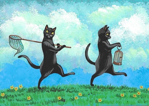 ACEO PRINT OF PAINTING SPRING BLACK CAT RYTA LANDSCAPE BIRD Whimsical ...