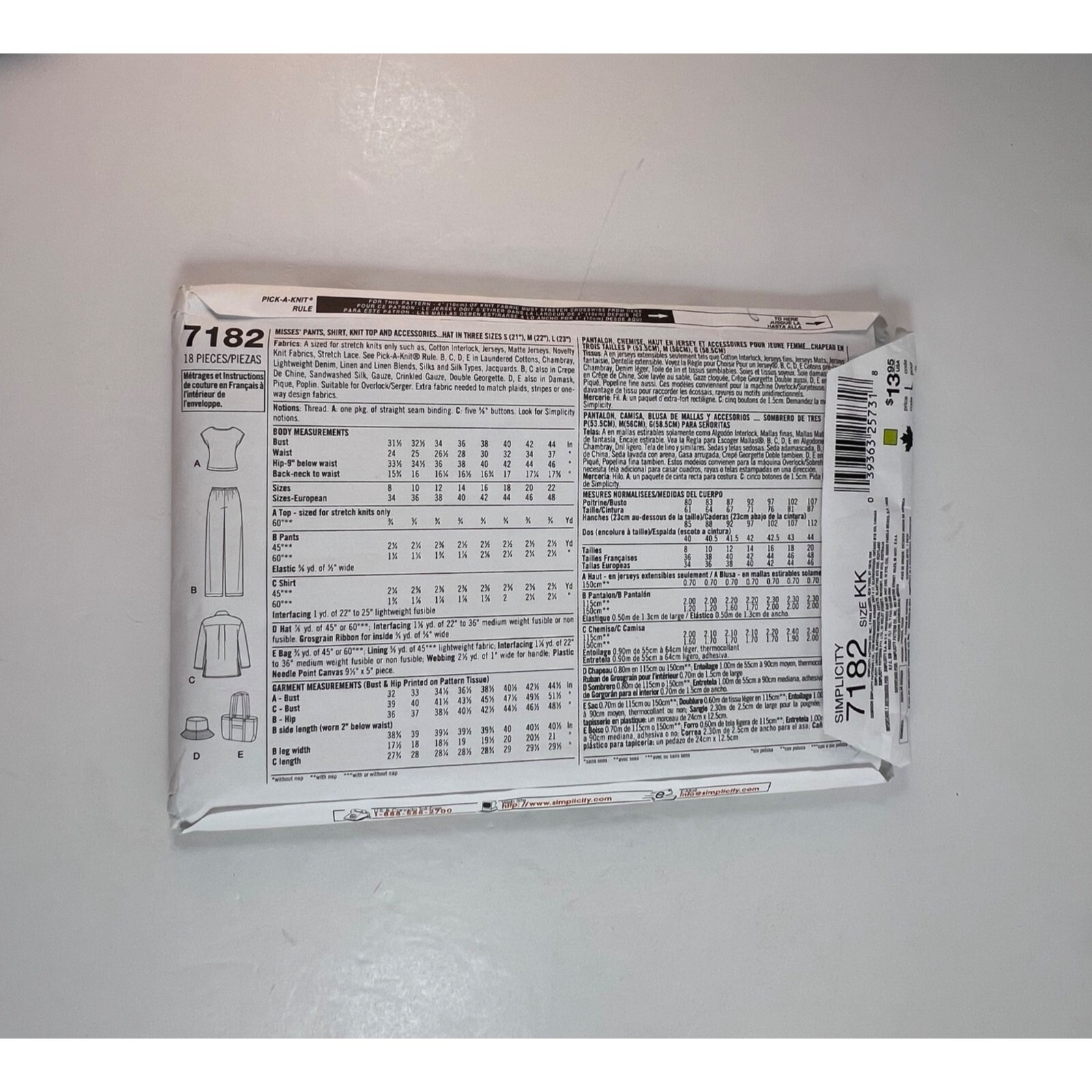 Simplicity 7182 Easy To Sew Misses Pants Shirt Top Hat Bag Size 8 - 14 ...