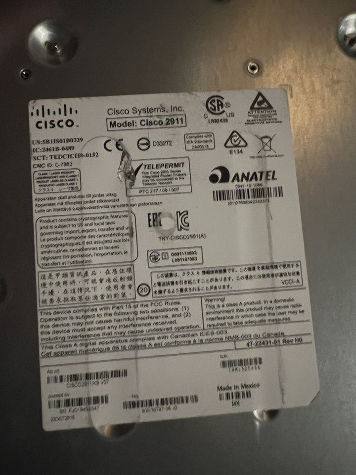 Cisco 2900 Series CISCO2911/K9 Integrated Service Router w/ Power Cable ...